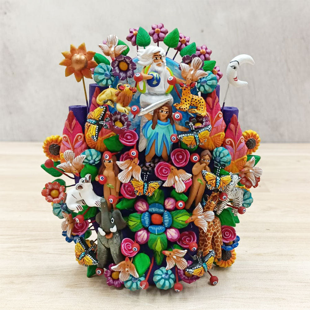 Purple clay tree of life with Adam and Eve – Tikal | Artesanías Mexicanas
