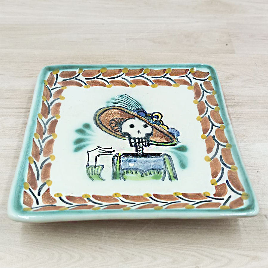 Square ceramic bread plate with a catrina design – Tikal | Artesanías ...
